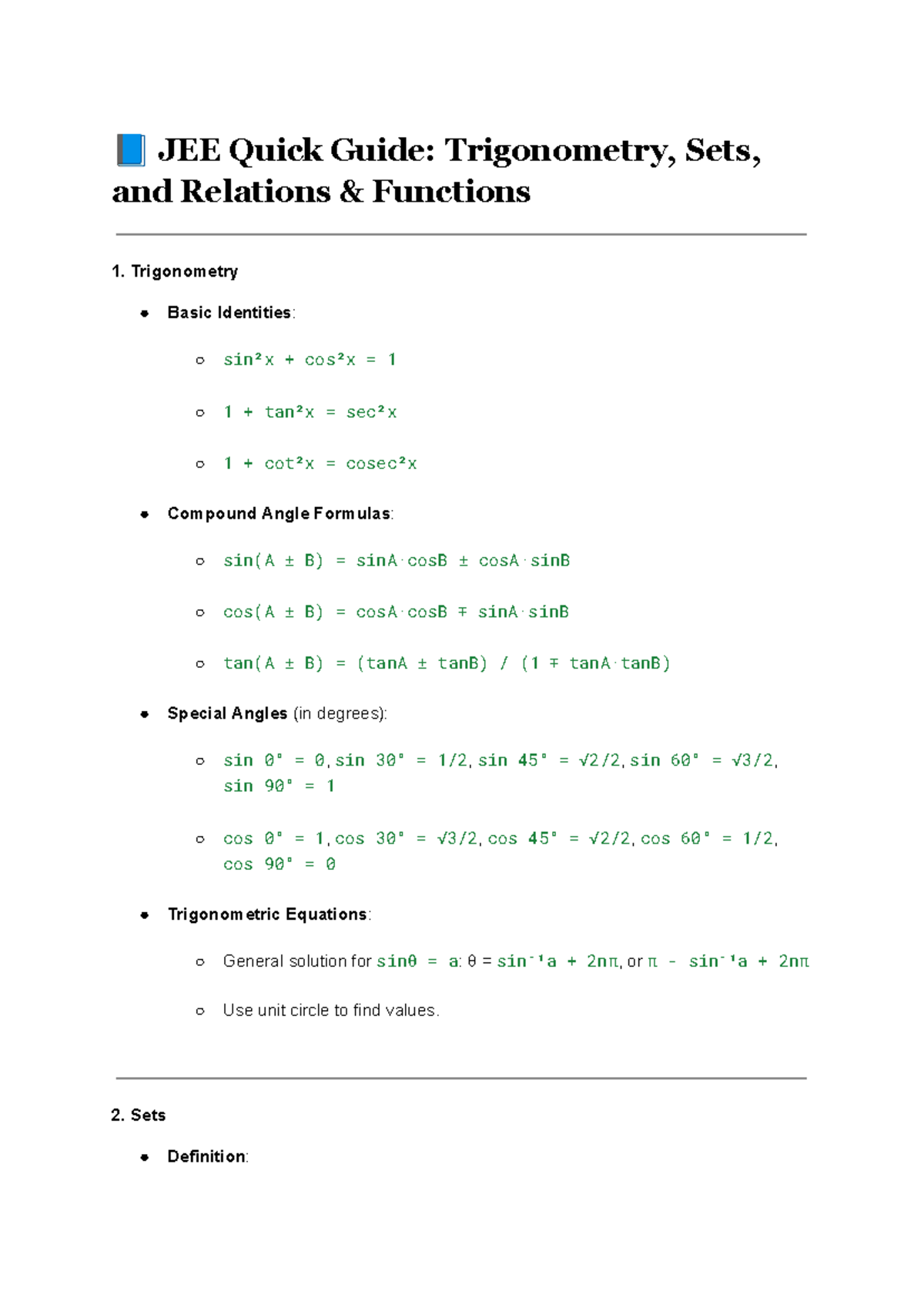JEE Quick Guide: Trigonometry, Sets, & Relations Functions - Studocu