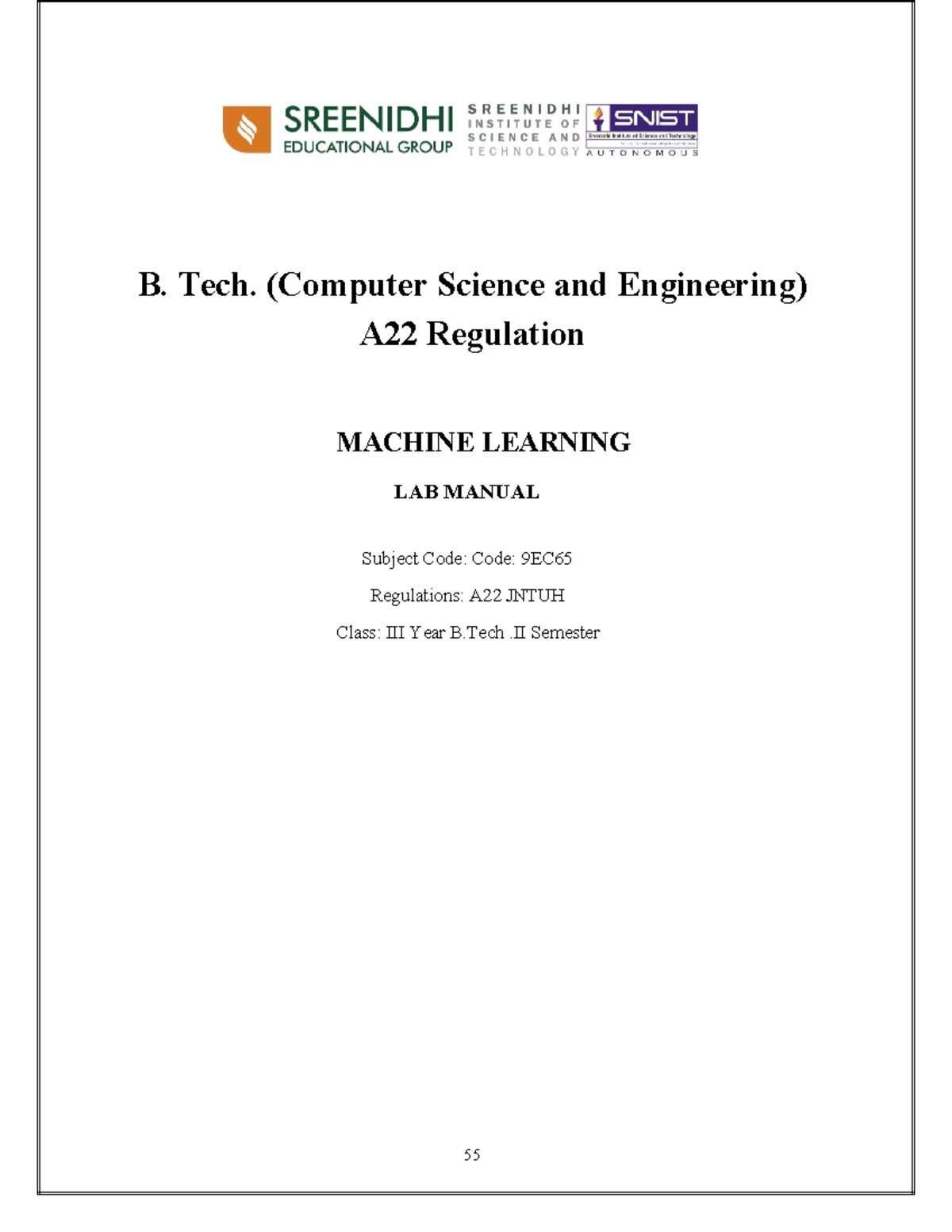 A22 - Machine Learning Lab Manual for B.Tech CSE Students - Studocu