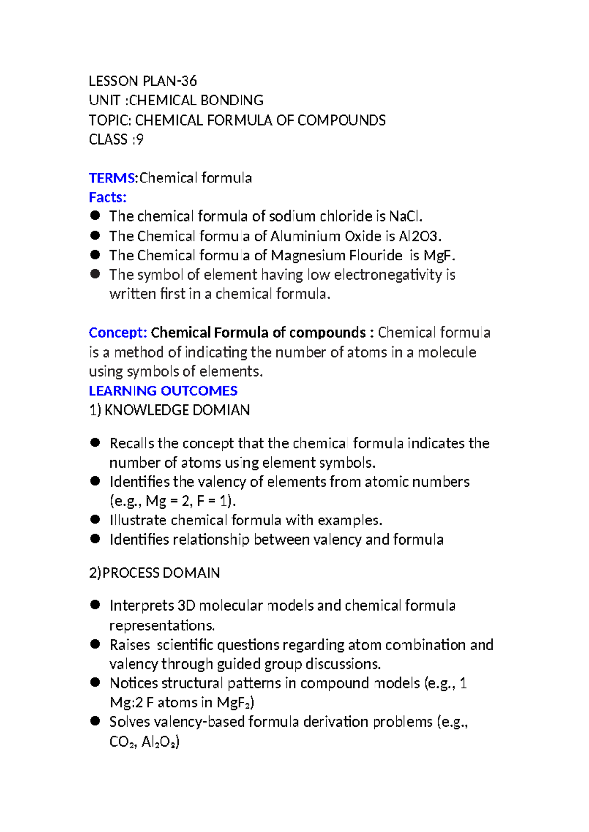 Lesson Plan 36: Chemical Bonding & Formulas for Class 9 - Studocu