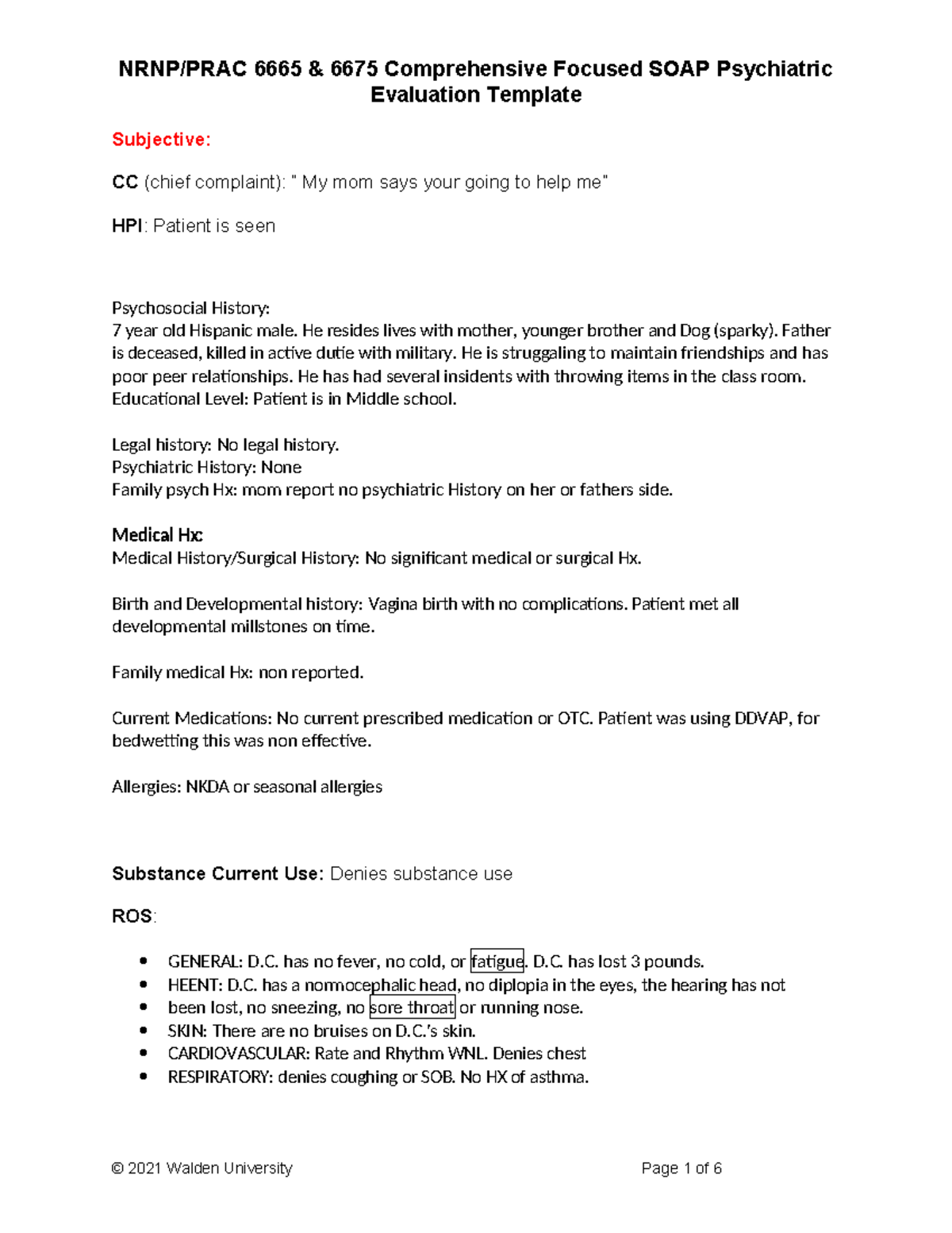 WK 3 NRNP PRAC 6665 6675 Focused SOAP Note for Pediatric Patient - Studocu