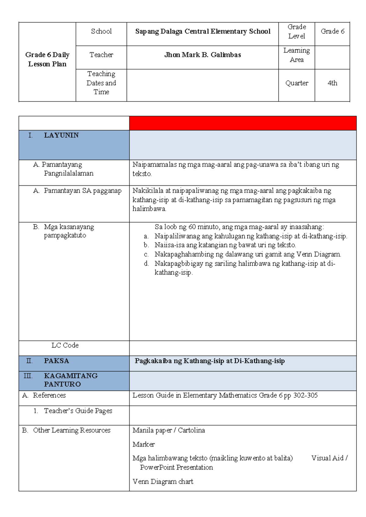 Grade 6 Daily Lesson Plan: Kathang-isip vs. Di-Kathang-isip - Studocu