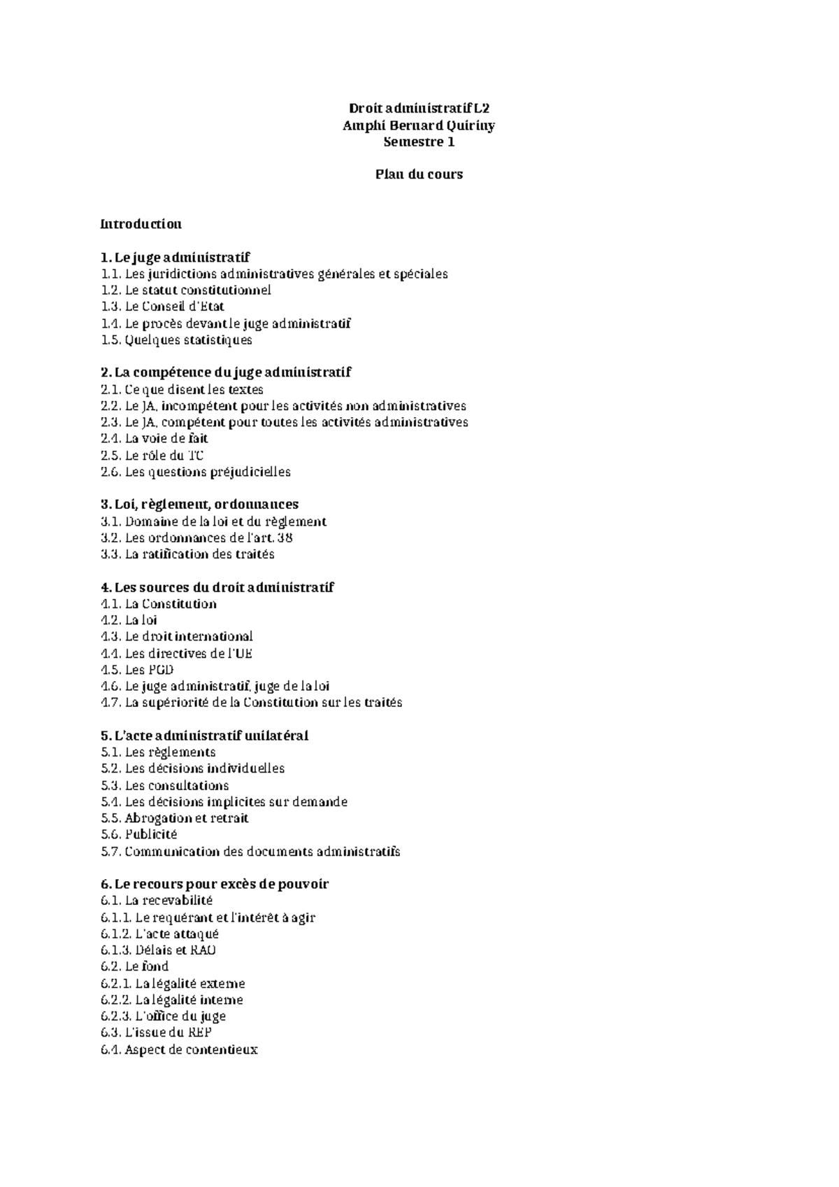 Plan de Droit Administratif L2 S1 - Amphi Bernard Quiriny - Studocu