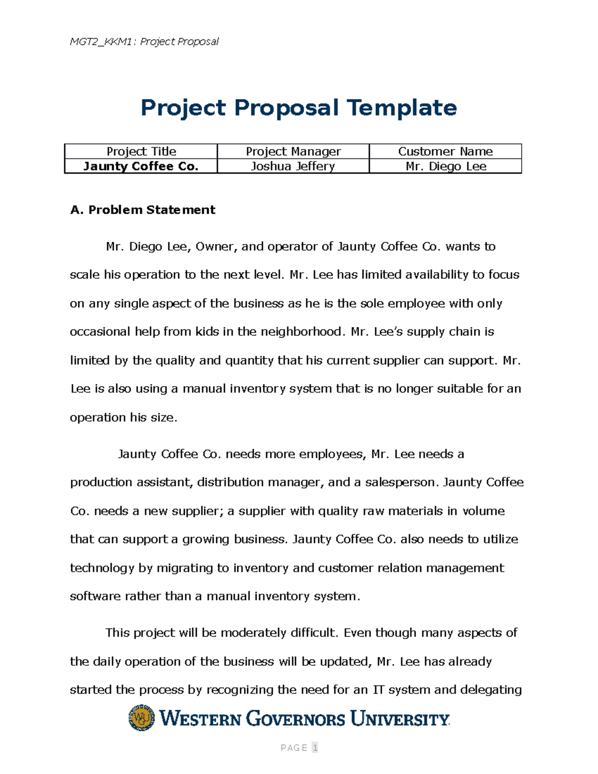 MGT2_KKM1: Project Proposal for Jaunty Coffee Co. - Studocu