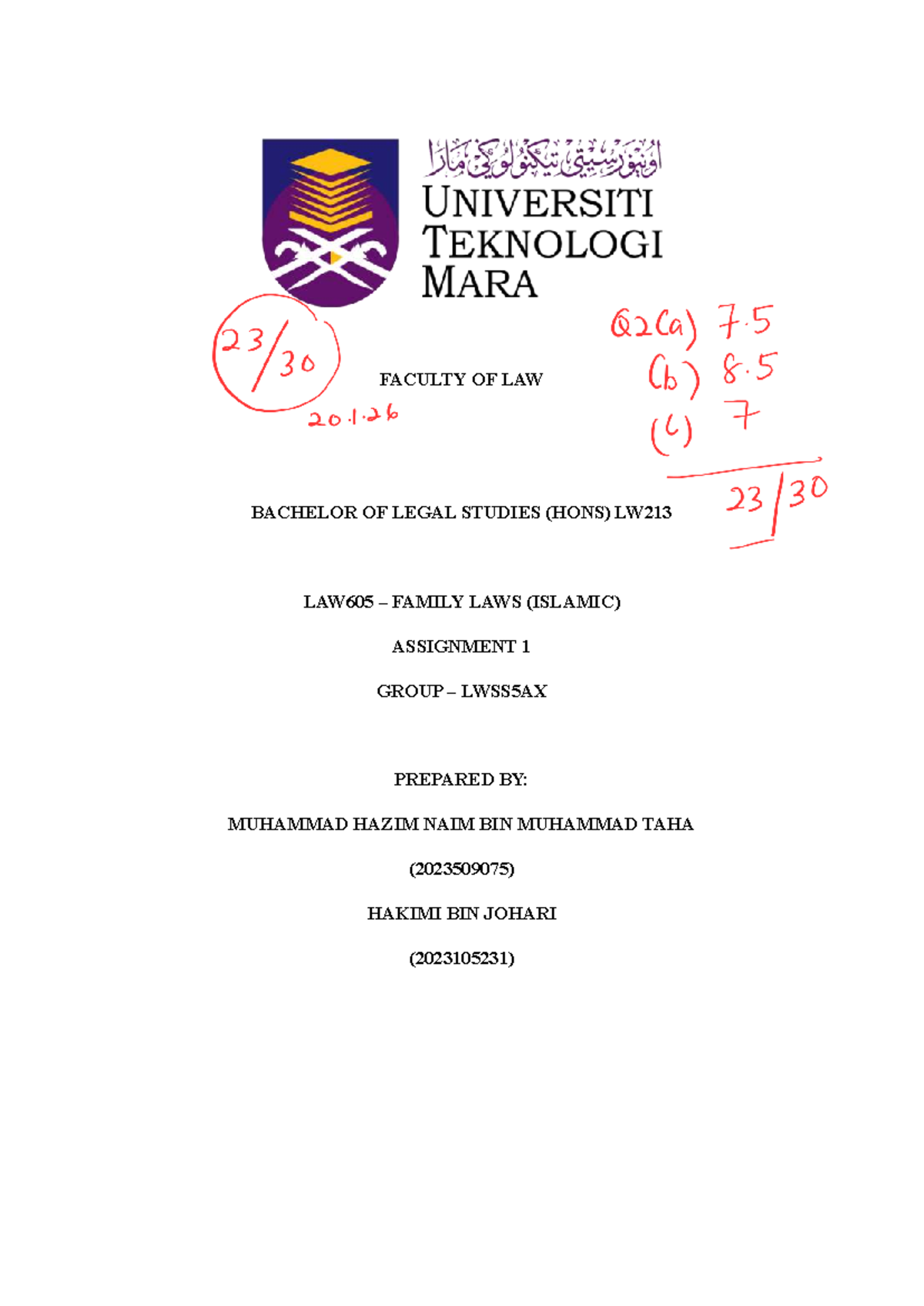 LW213 LAW605 Family Law (Islamic) Assignment 1: Rights of a Muslim Wife ...