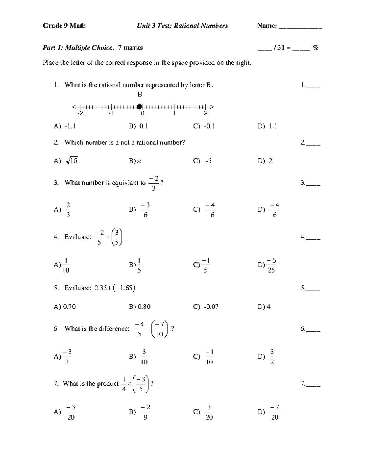 Grade 9 Math Unit 3 Test: Rational Numbers (Multiple Choice & Long ...