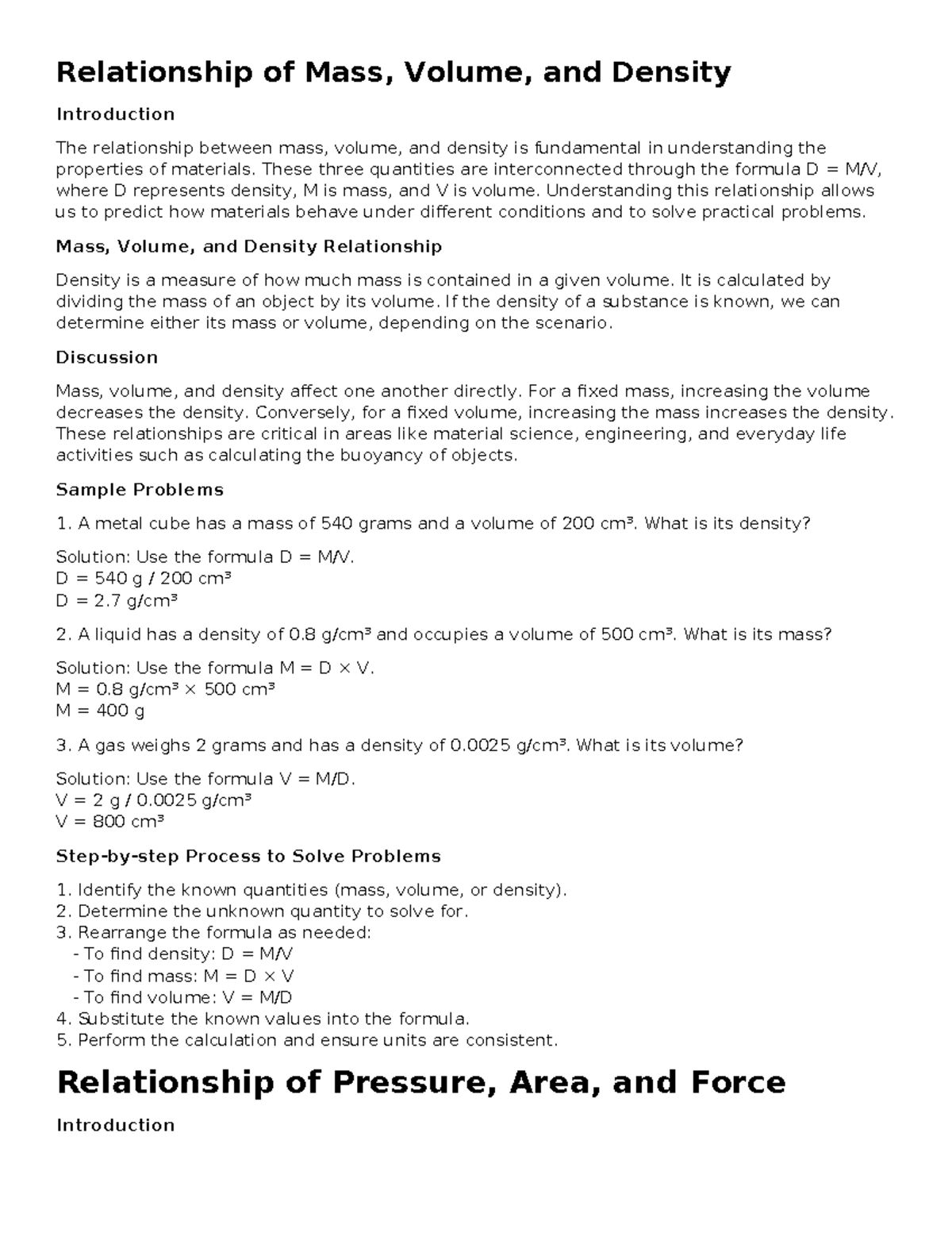 MATH 101 Final Exam: Understanding Mass, Volume, Density & Pressure ...