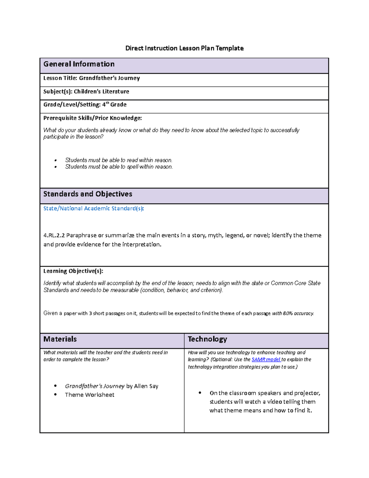 C970 - Task 1 Lesson Plan - Direct Instruction Lesson Plan Template ...