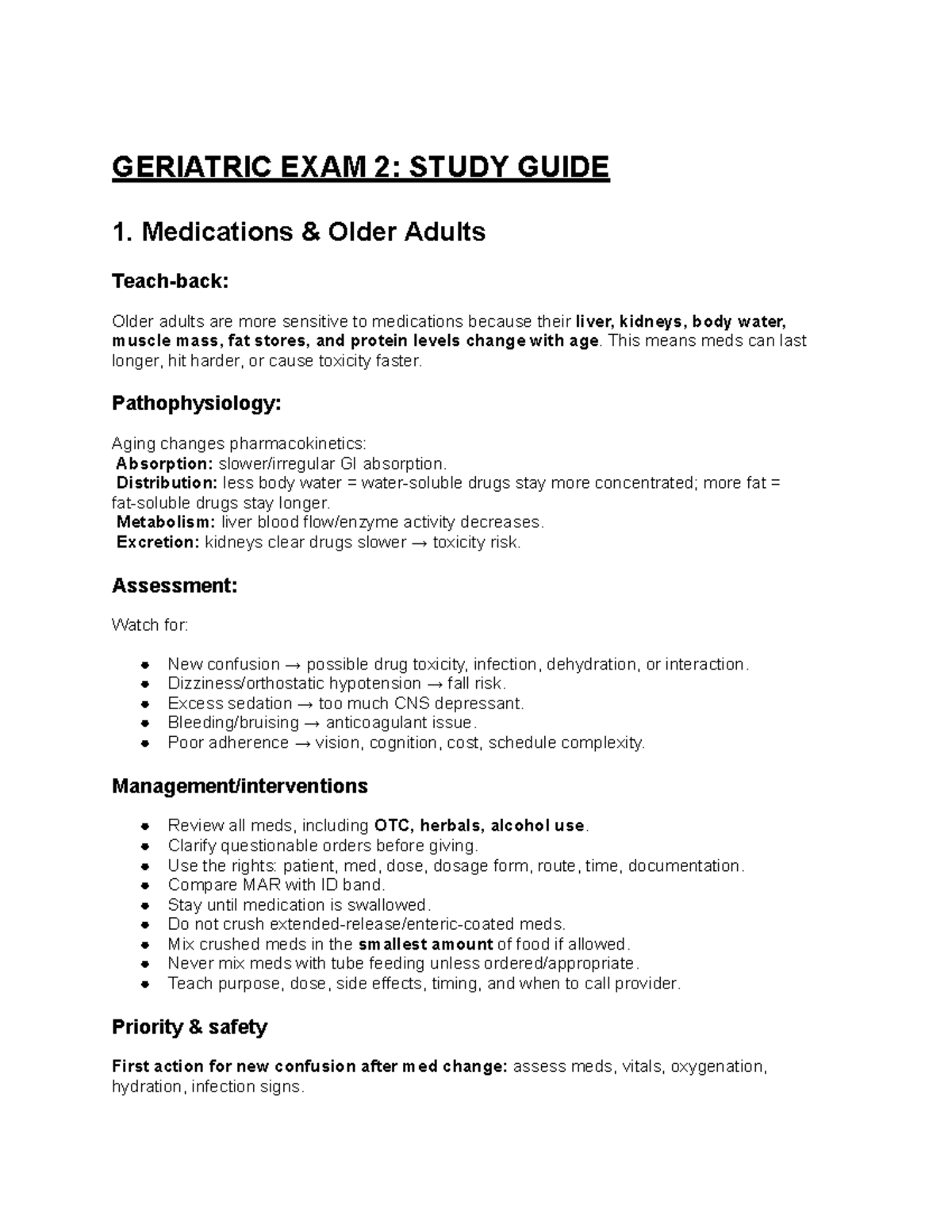 Geriatric Exam 2: Comprehensive Study Guide for Older Adult Care - Studocu