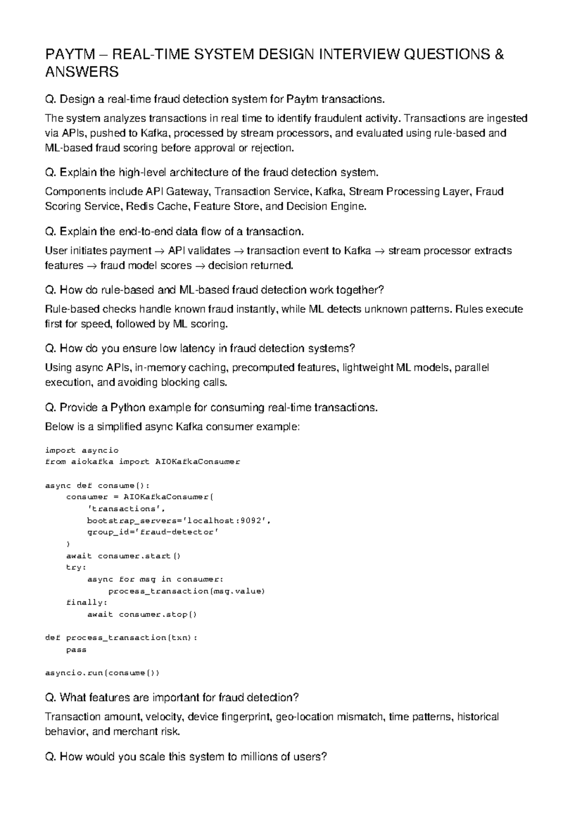 PAYTM SYSTEM DESIGN: FRAUD DETECTION INTERVIEW Q&A - Studocu