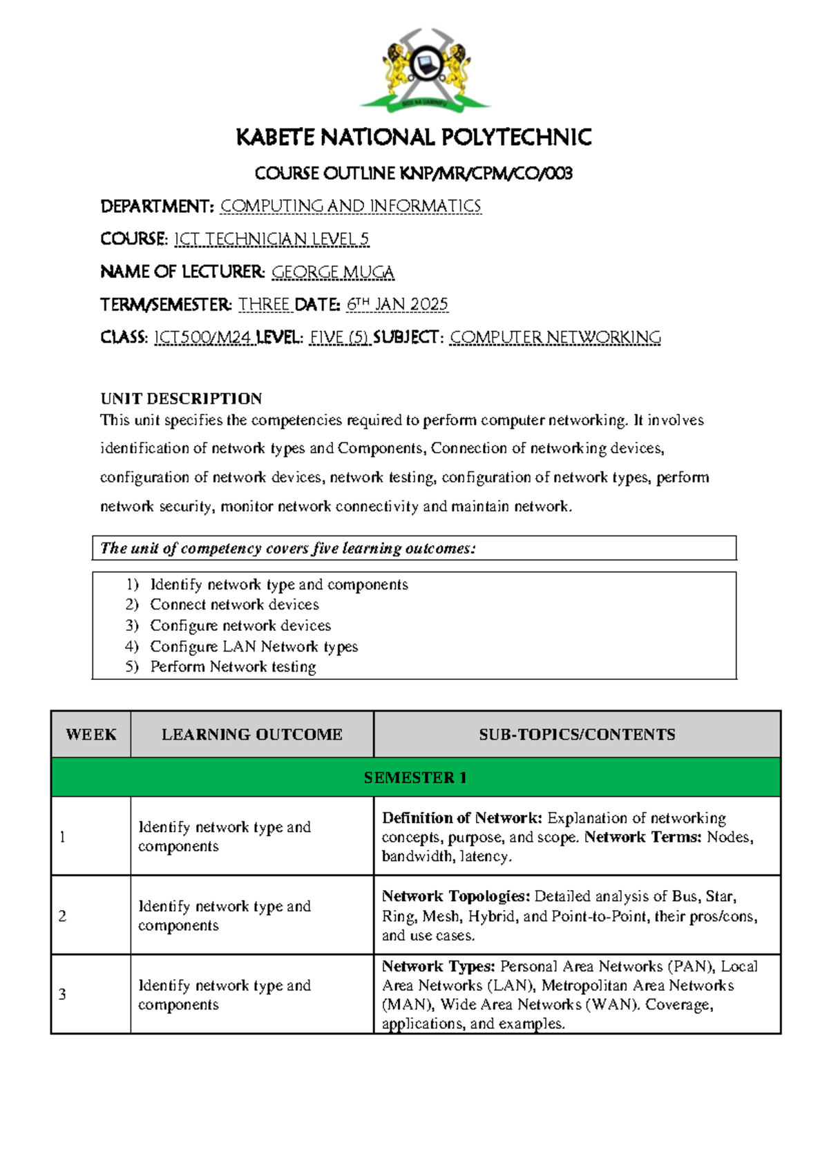 ICT500M24 Computer Networking Course Outline - Semester Three - Studocu