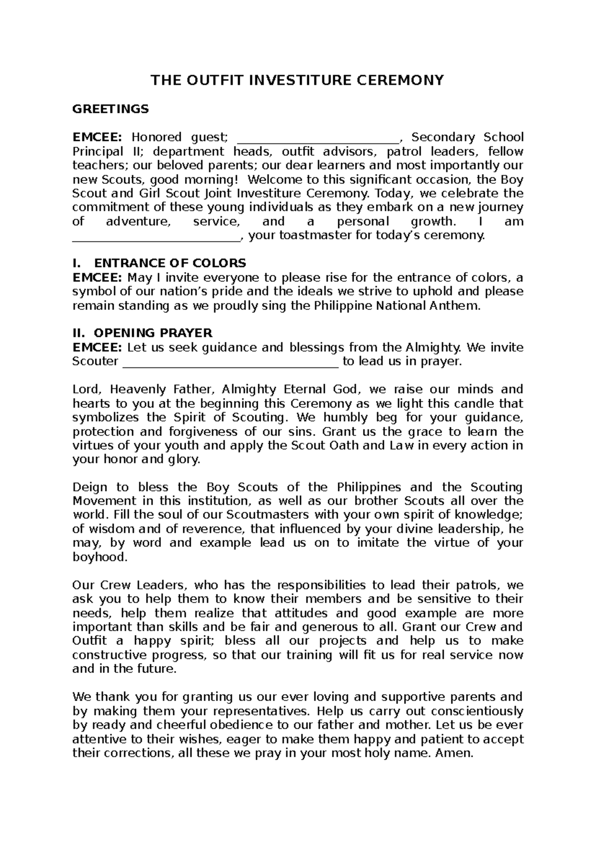 Investiture Ceremony Script for Scouts: A Special Occasion - Studocu
