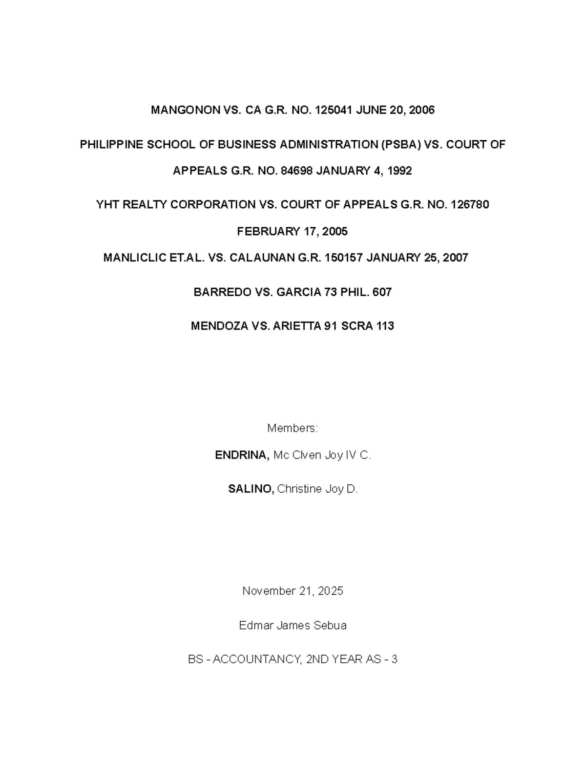 Law Reflection Cases: MANGONON, PSBA, YHT Realty, MANLICLIC, BARREDO ...