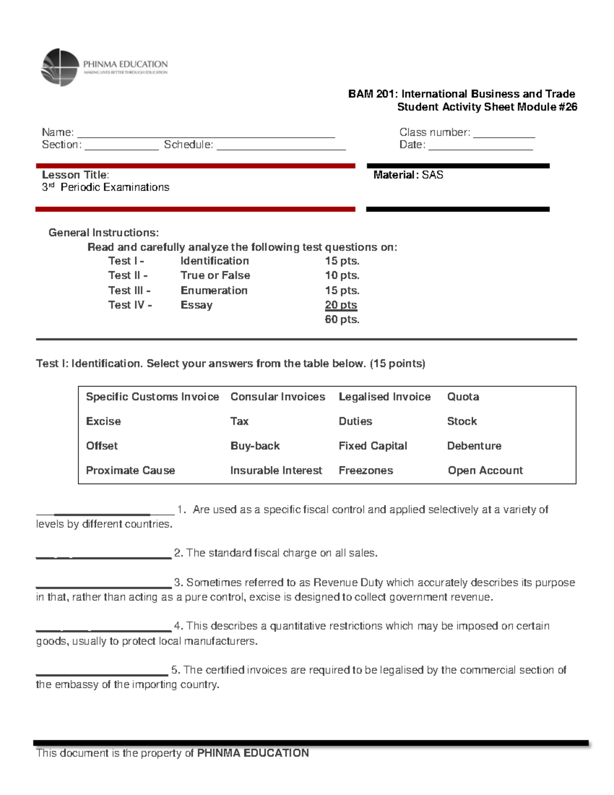 BAM 201 Lesson: 3rd Periodic Examinations Activity Sheet - Studocu