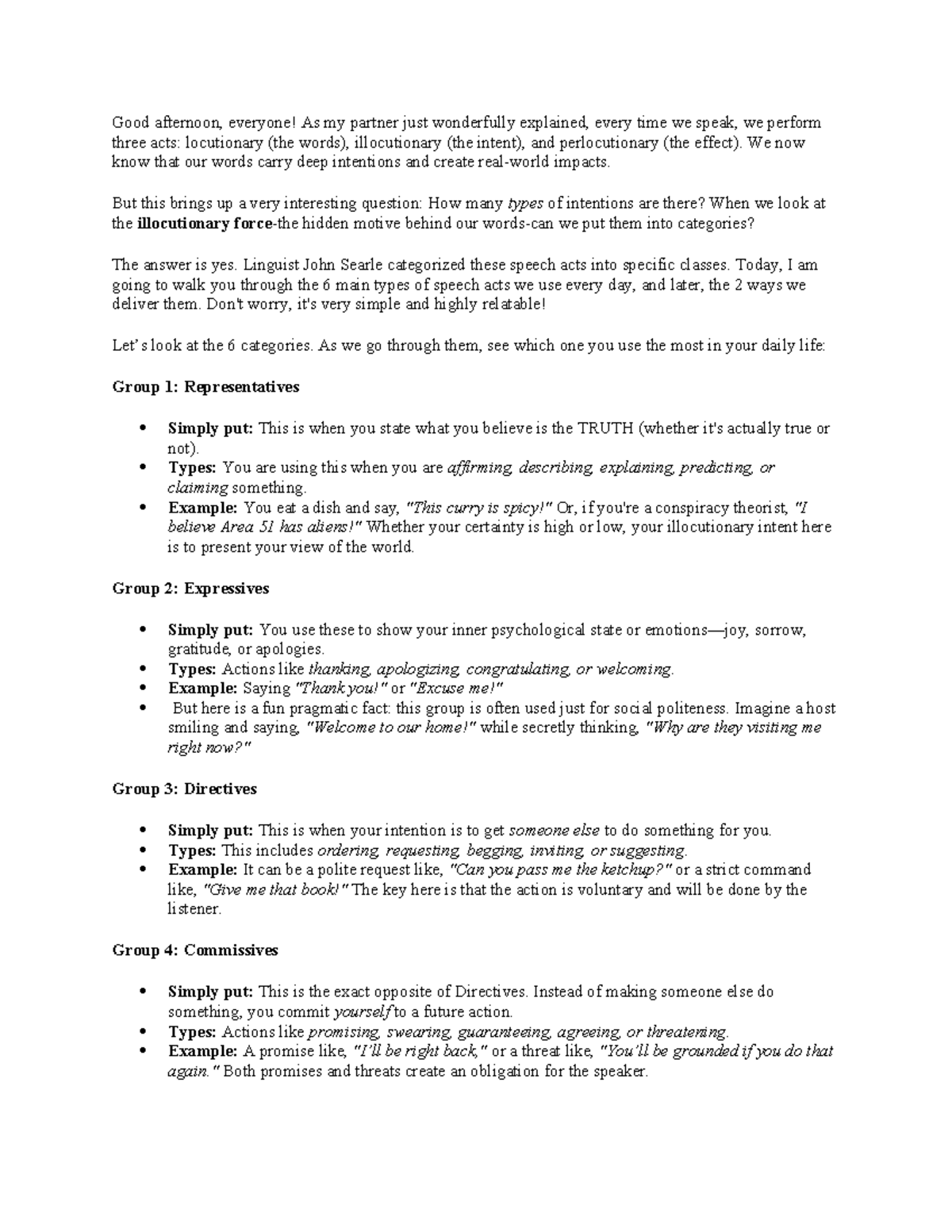 Script Pragmatics: Understanding 6 Types of Speech Acts - Studocu