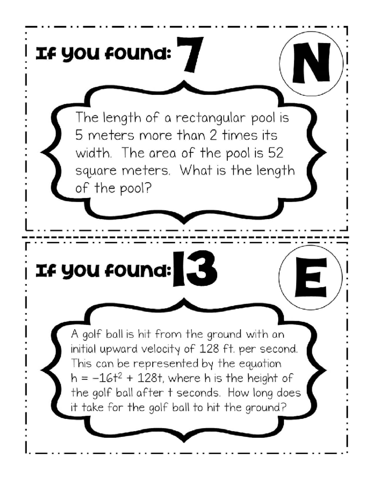 26-Quadratic Word Problems Scavenger Hunt: Solving for Dimensions and ...