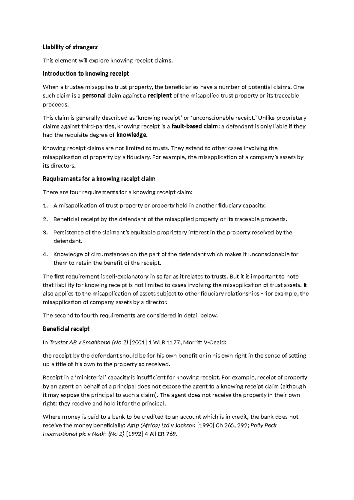 Liability of Strangers: Understanding Knowing Receipt Claims (16) - Studocu