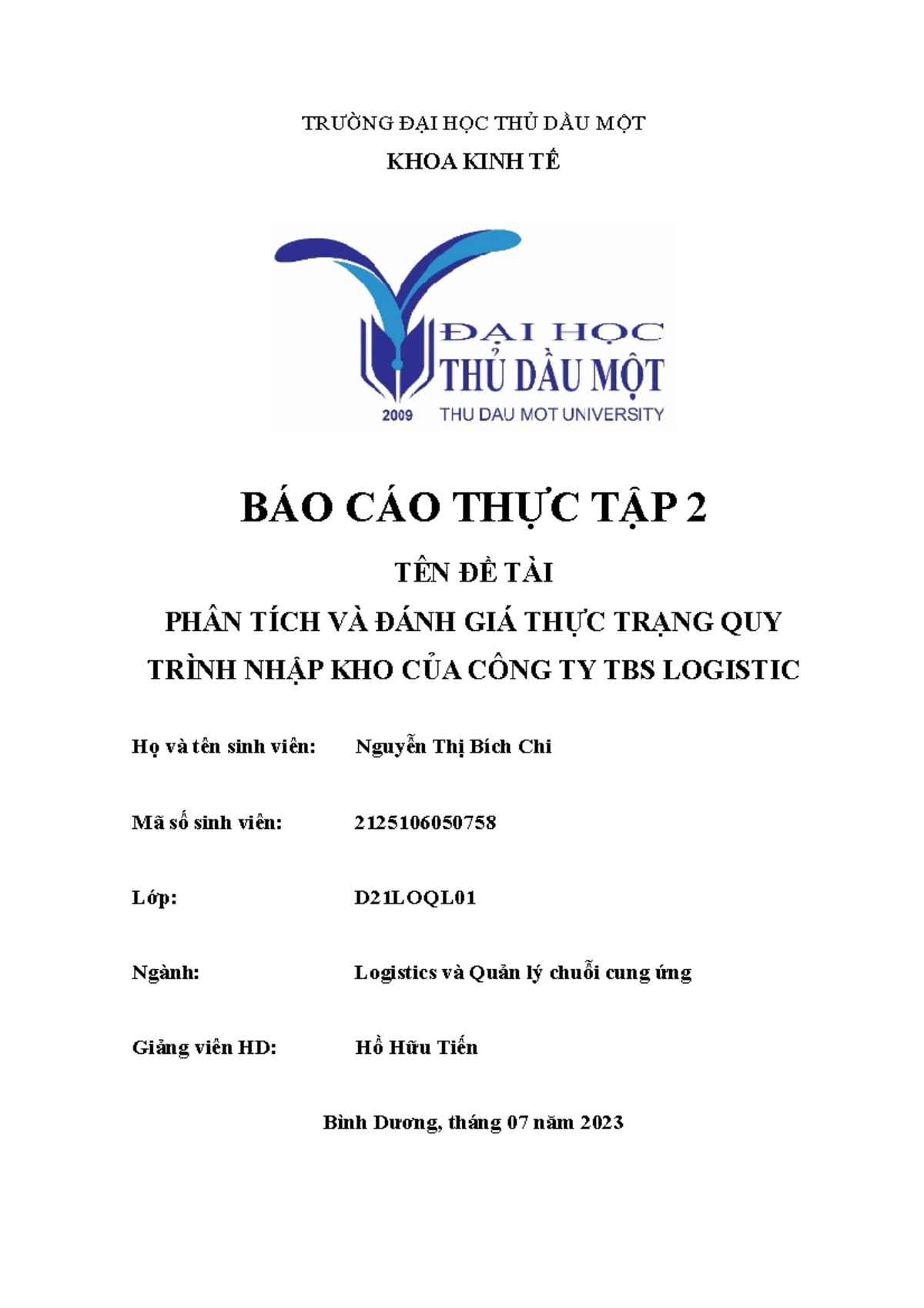 Báo cáo thực tập doanh nghiệp 2: Phân tích nhập kho TBS Logistics - Studocu