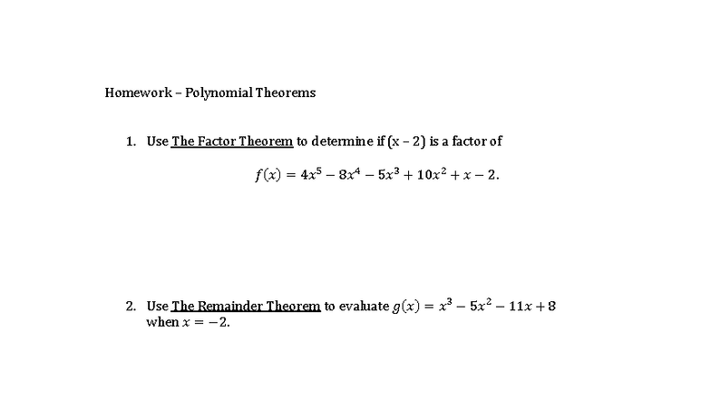 Polynomial Theorems Homework: Factor & Remainder Theorems - Studocu