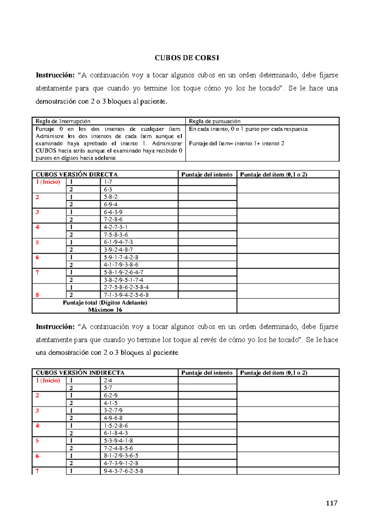 CUBOS DE CORSI Protocolo de Evaluación y Puntuación - Studocu