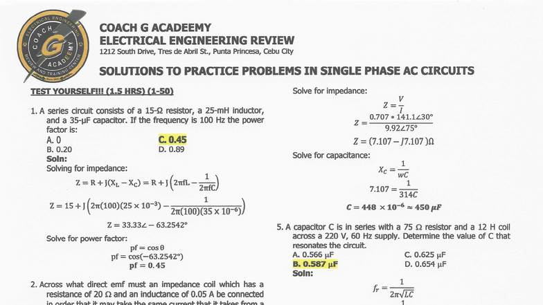 EE-4 SOLUTIONS TO PRACTICE PROBLEMS IN SINGLE PHASE AC CIRCUITS - Studocu