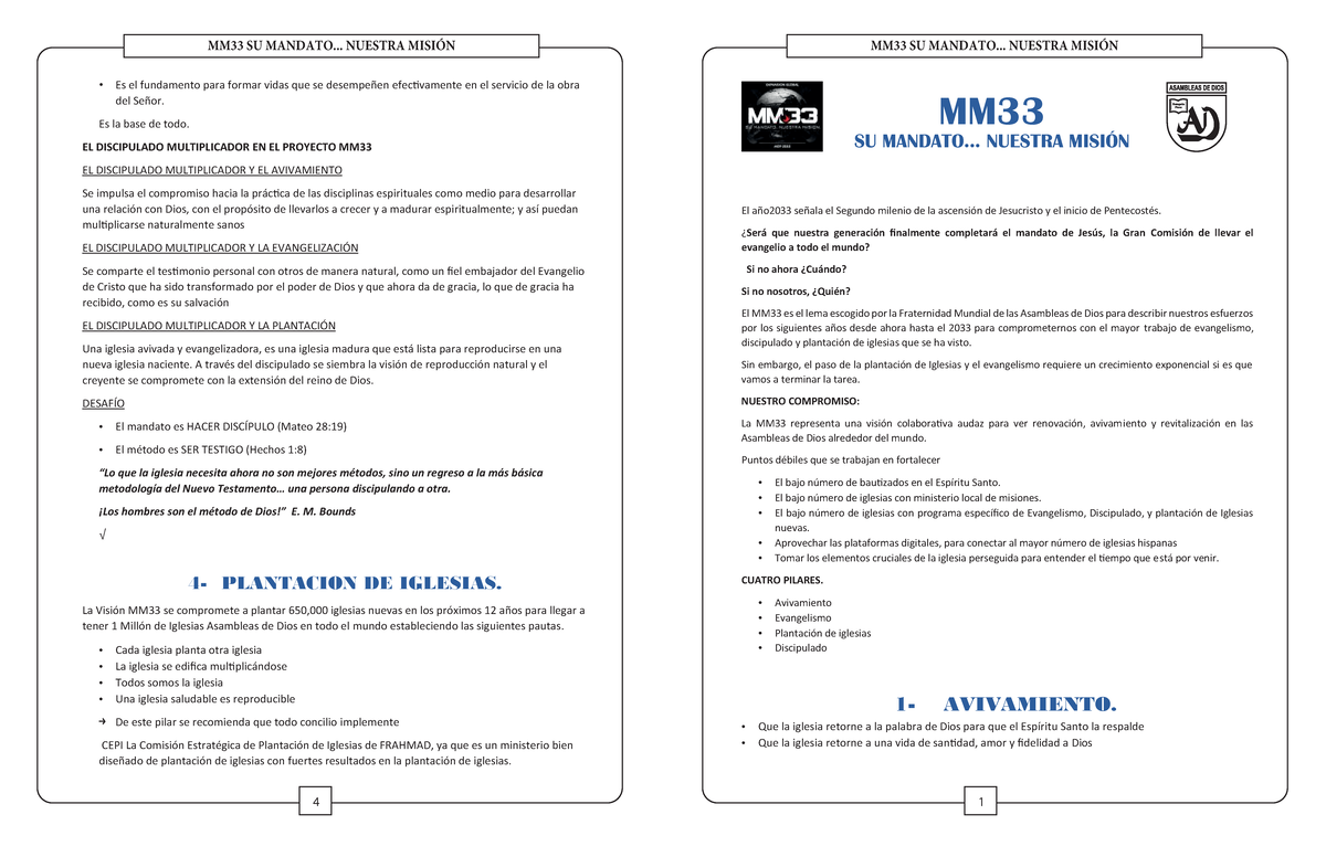 MM33 - Visión y Misión de la Fraternidad Asambleas de Dios 2023-2033 - Studocu