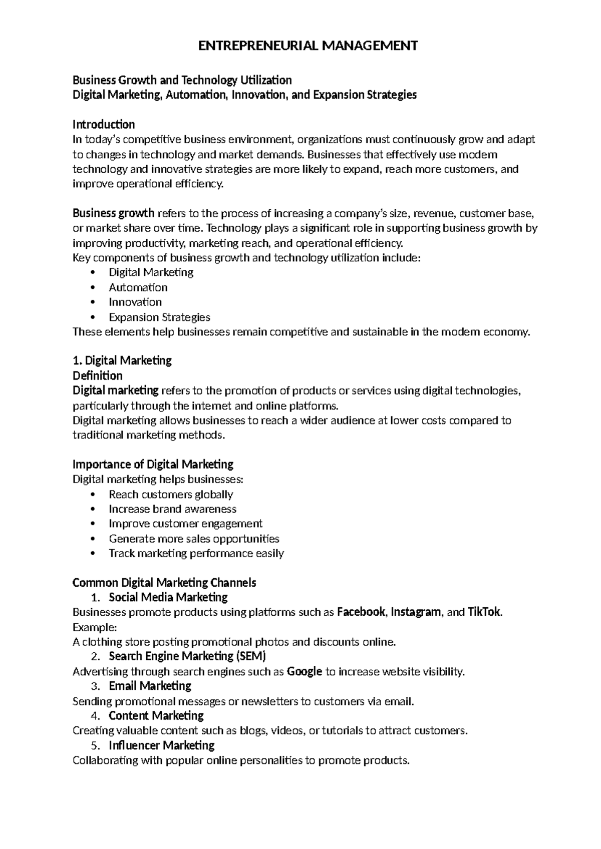 Chapter 9: Business Growth & Tech Utilization Strategies - Studocu