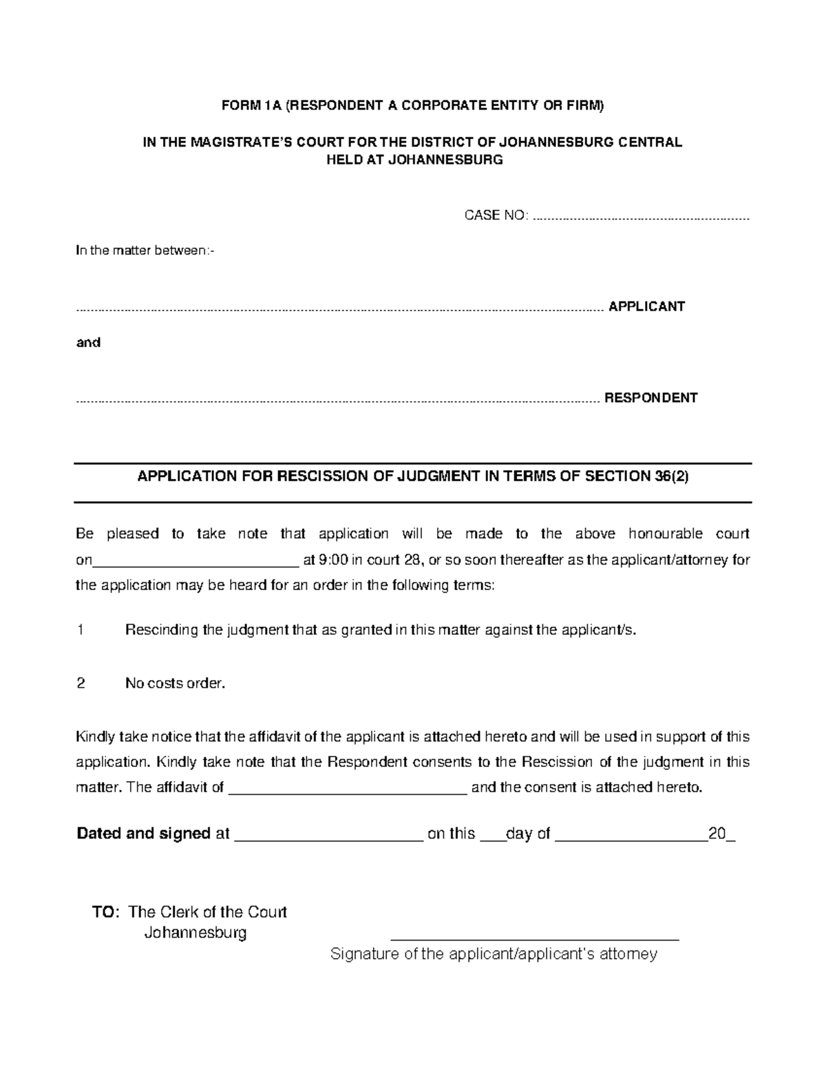 FORM 1A - Application for Rescission of Judgment (Corporate Entity ...