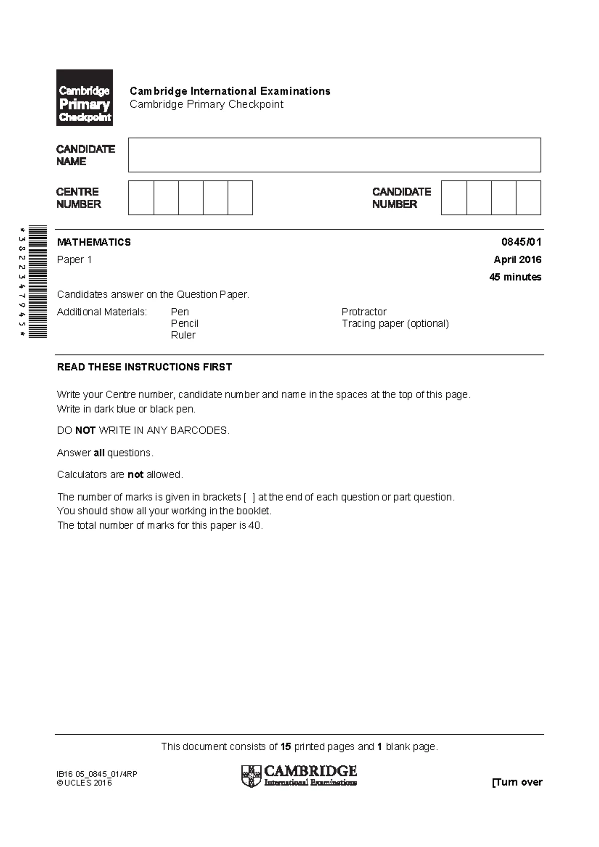 Cambridge Primary Checkpoint Mathematics Paper 1 (0096/01) - Oct 2024 ...