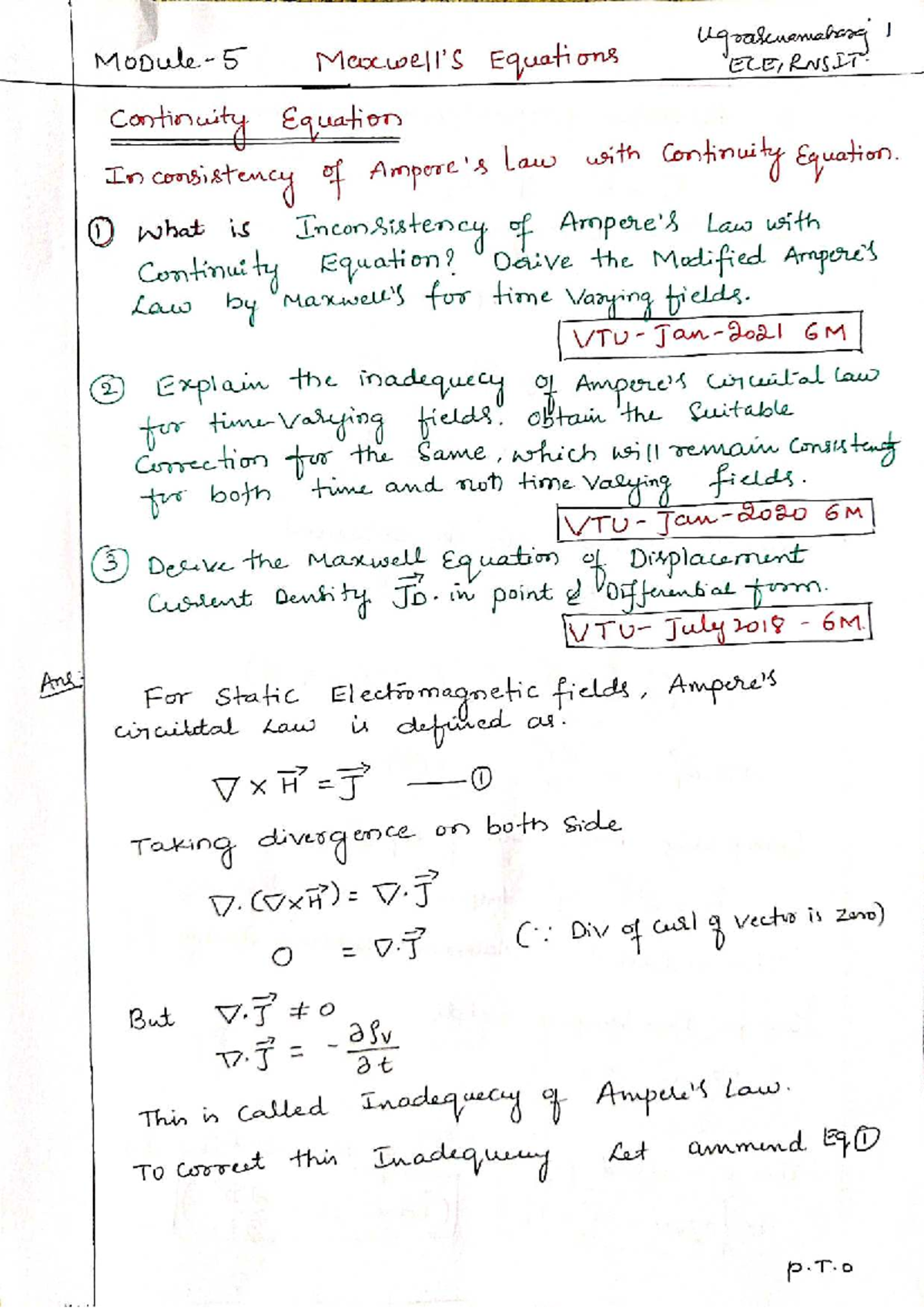 EMW 5: Continuity Equation & Maxwell's Laws - VTU Exam Notes - Studocu