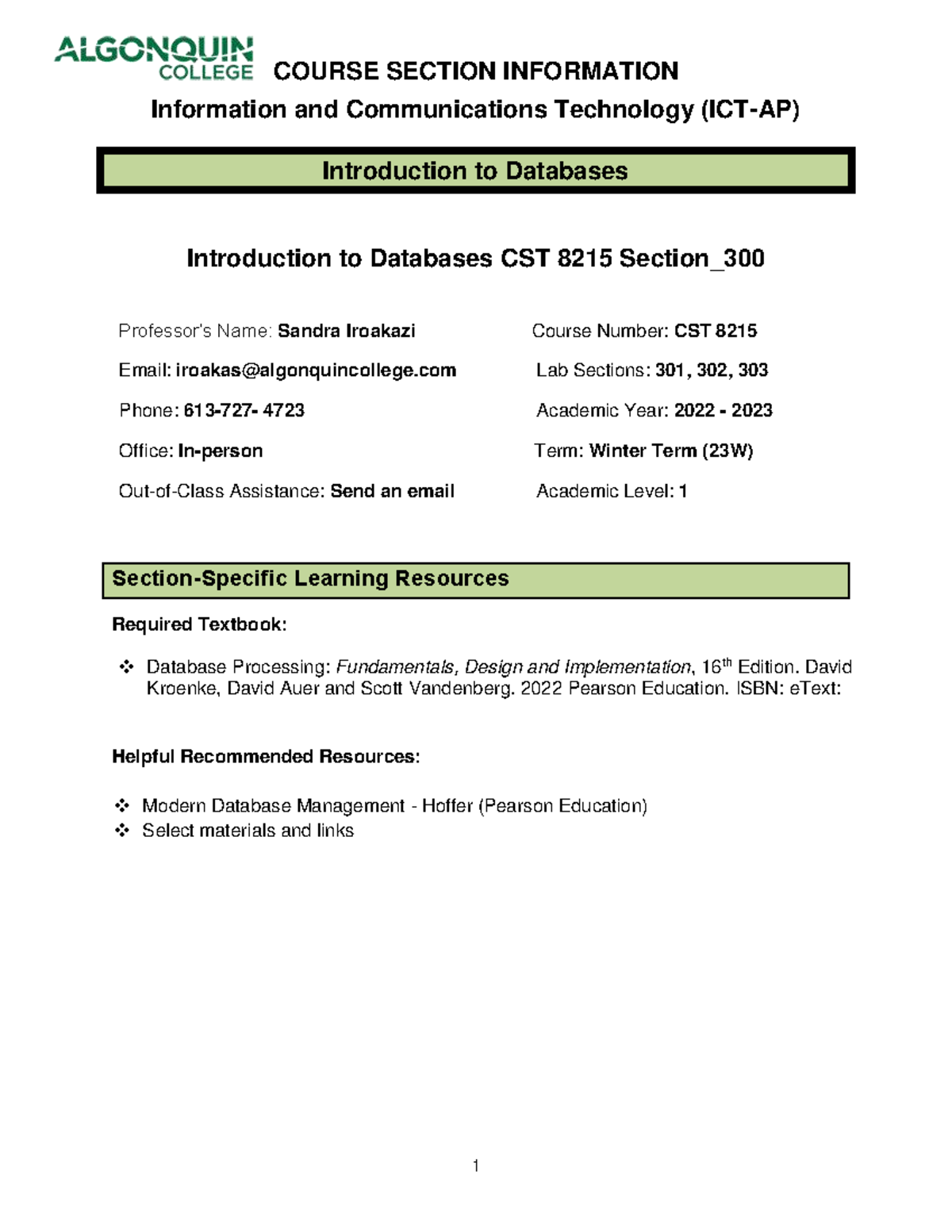 CST 8215 - Introduction to Databases Course Section Info and Resources ...