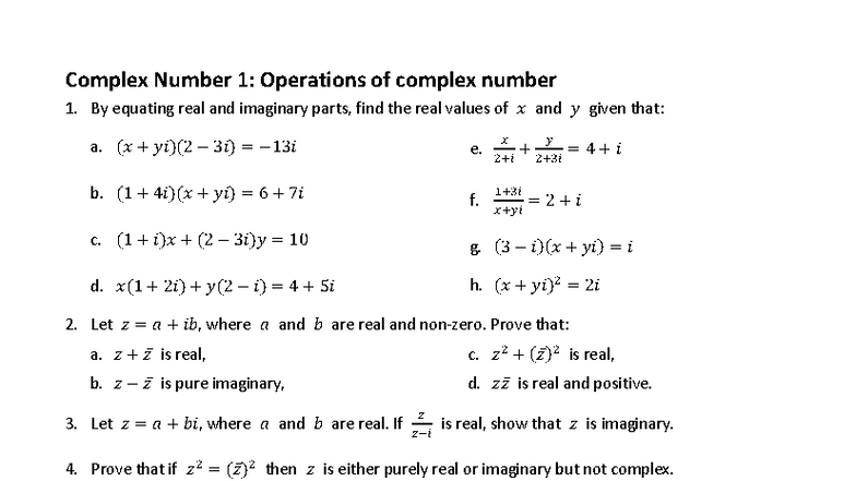 Year 11 4U Complex 1: Operations & Properties of Complex Numbers - Studocu