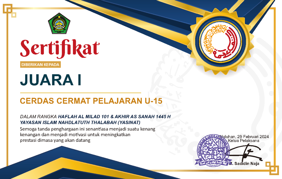 Sertifikat Juara Cerdas Cermat Haflah Al Milad 101 YASINAT 1445 H - Studocu