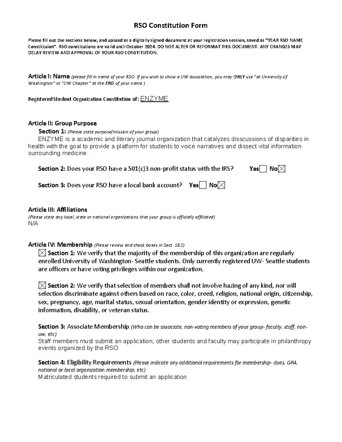 RSO Constitution for Enzyme - UW Chapter (Valid till Oct 2024) - Studocu