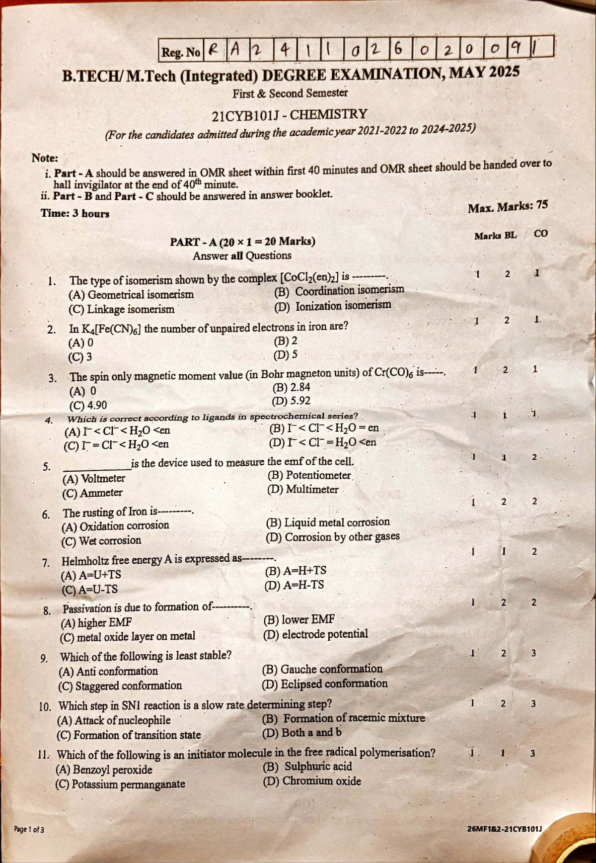 21CYB101J Chemistry End Semester Exam Question Paper - May 2025 - Studocu