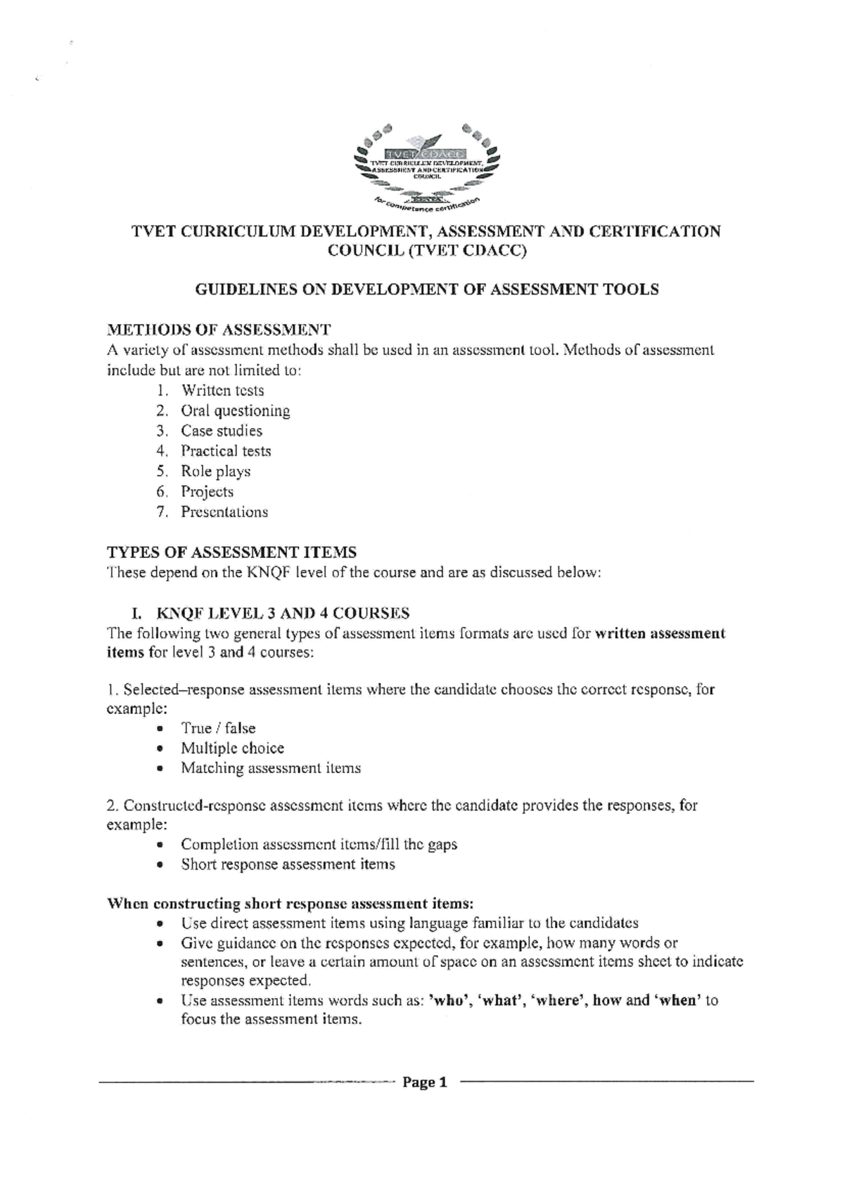 Guidelines ON Assessment Tools - TVET CURRICULUM DEVELOPMENT ...