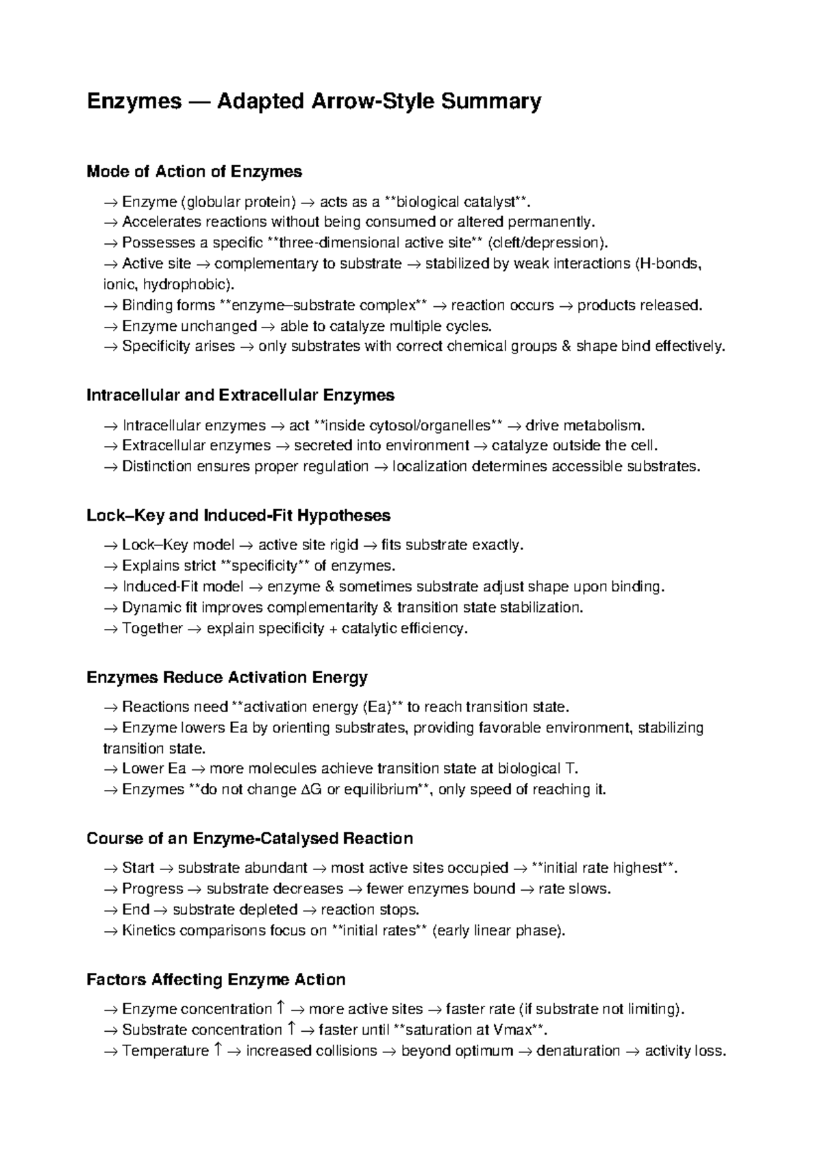 Enzyme Summary: Mode of Action and Factors Affecting Activity - Studocu