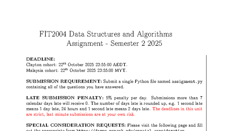 FIT2004 Data Structures & Algorithms Assignment S2 2025 Guidelines - Studocu