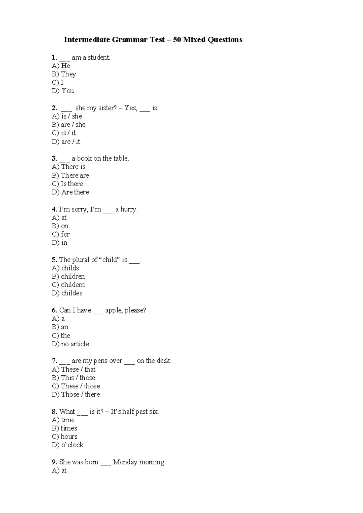 A1 - Intermediate Grammar Test: 50 Mixed Questions - Studocu