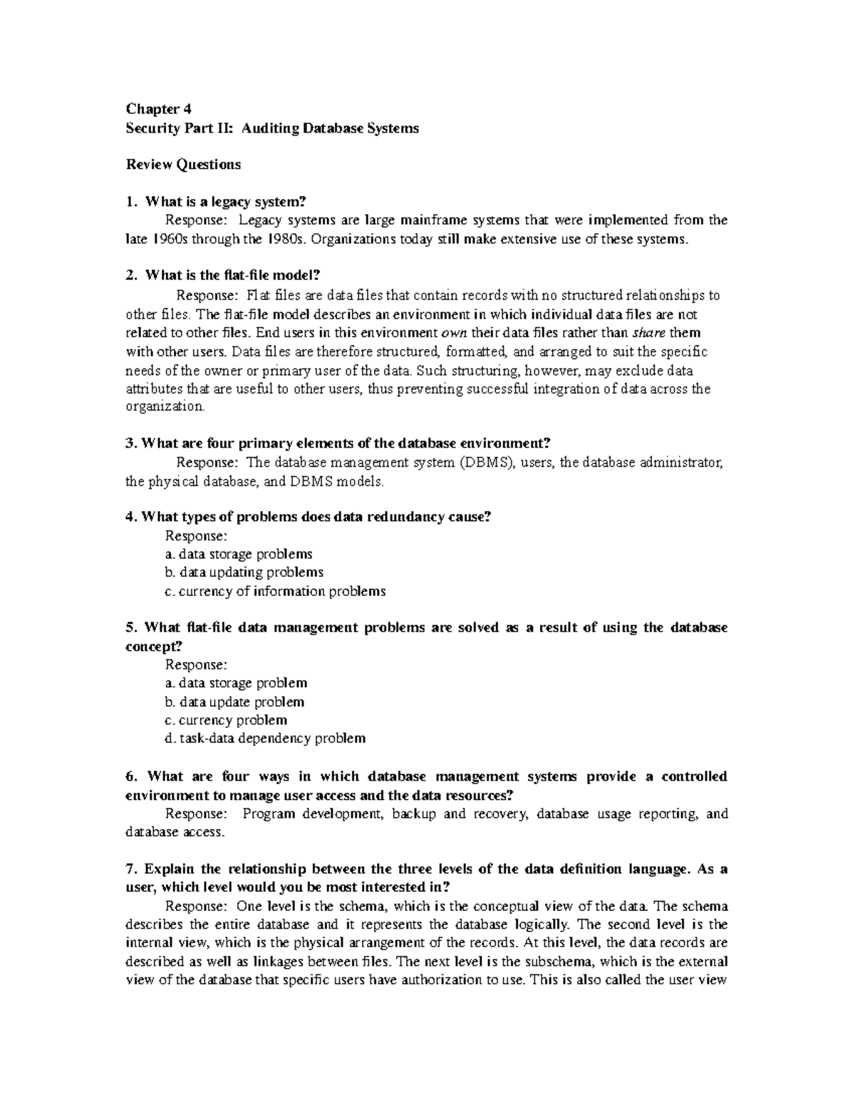 SM Ch4 - Answer Key - Chapter 4 Security Part II: Auditing Database Systems Review Questions ...