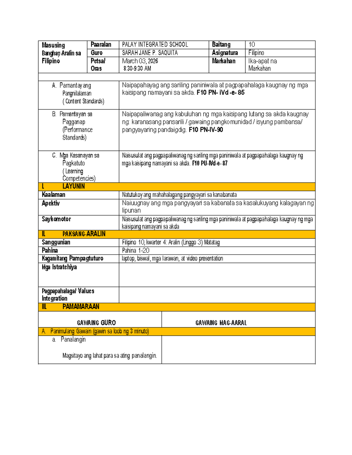 Filipino 10 - Lesson Plan on El Filibusterismo Kabanata IX & X - Studocu