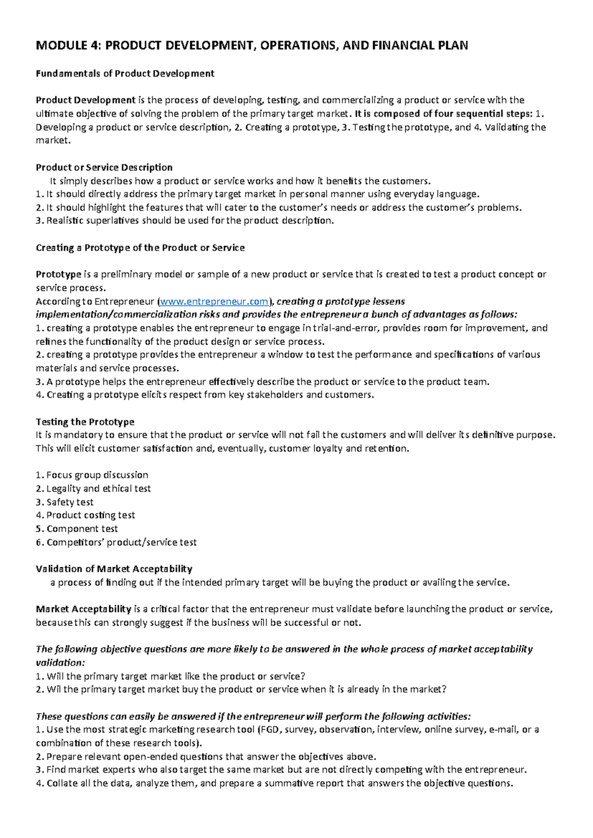 Entrepreneurship-4ms - MODULE 4: PRODUCT DEVELOPMENT, OPERATIONS, AND ...
