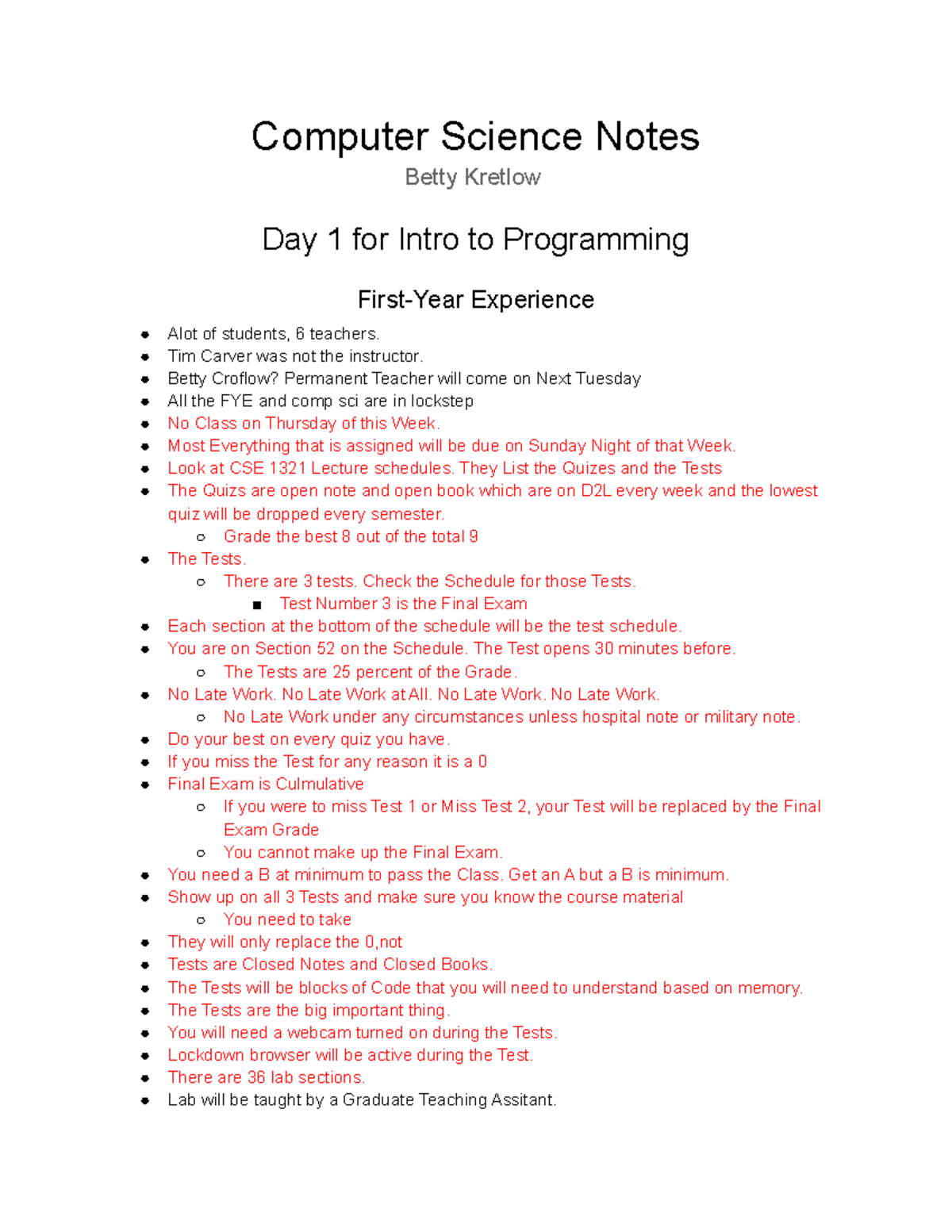 Computer Science Class - Computer Science Notes Betty Kretlow Day 1 for ...