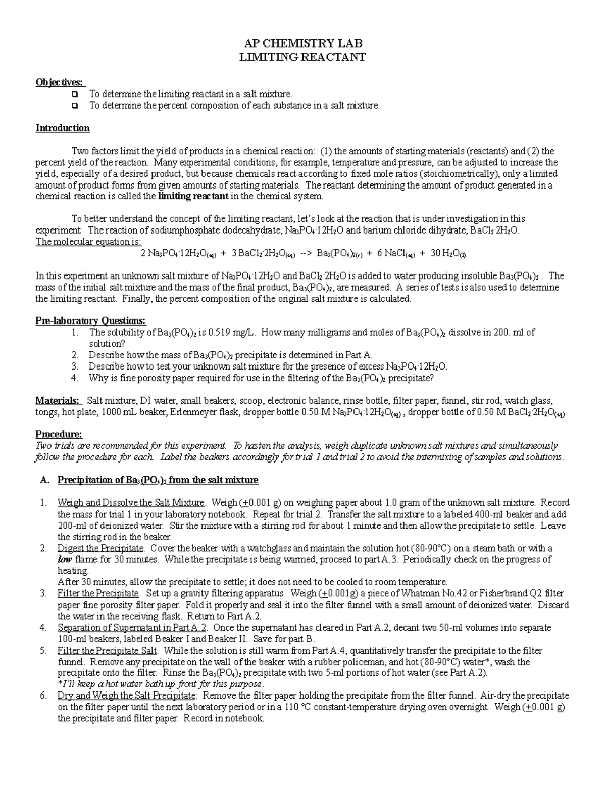 Limiting Reactant Lab Report for AP CHEMISTRY (Lab) - Studocu