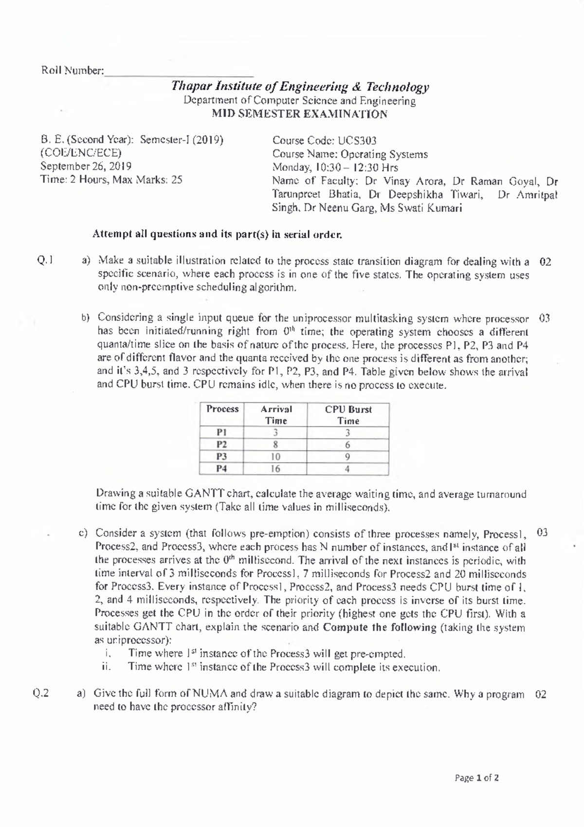 UCS303 - Mid Semester Exam Paper on Operating Systems (2019) - Studocu