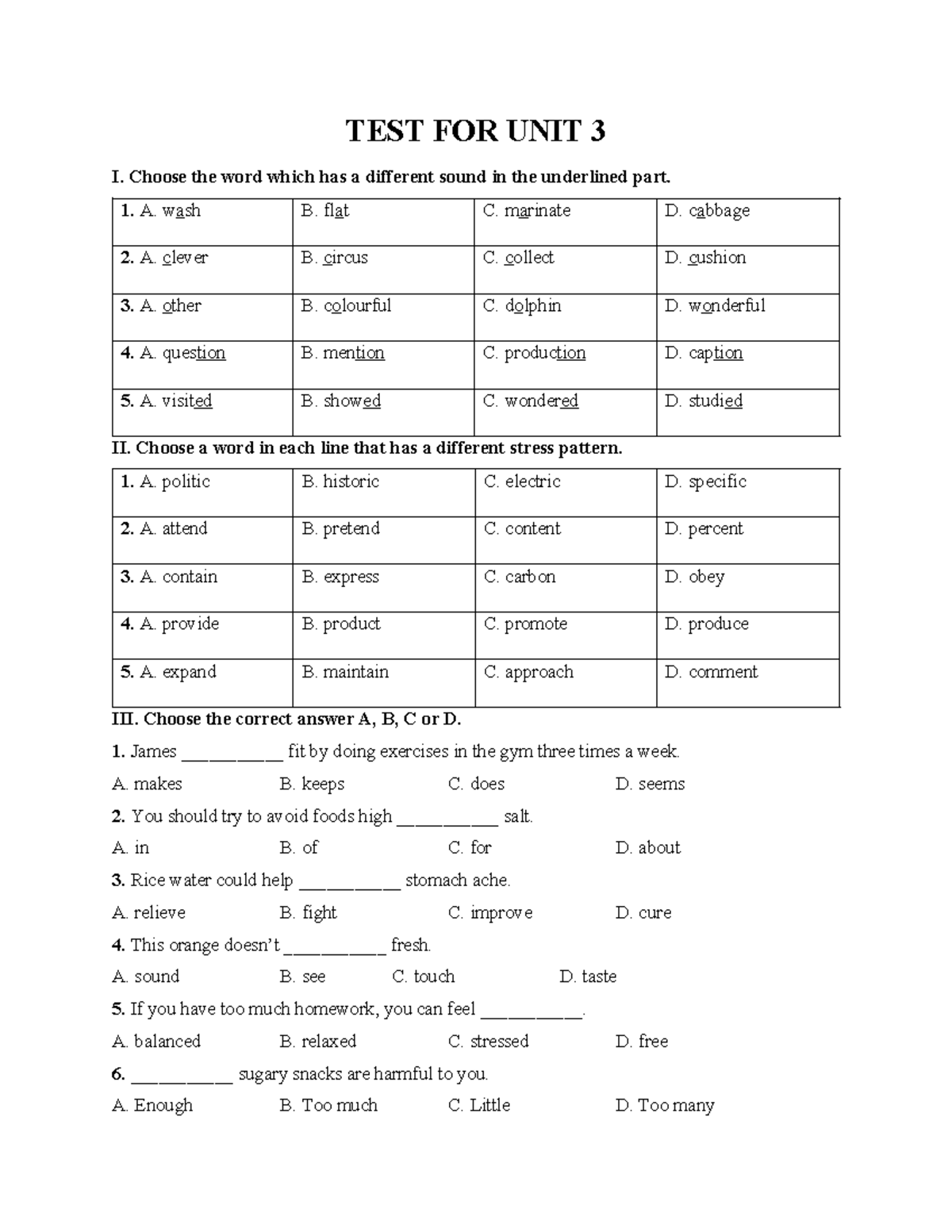 Unit 3 Test: Sound and Stress Patterns in English - Studocu