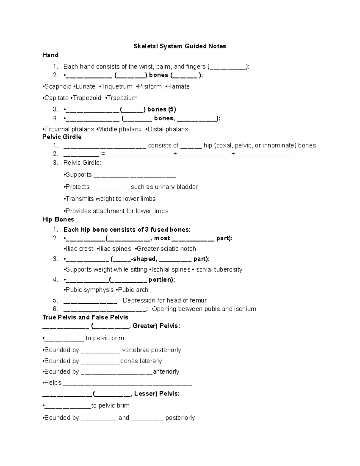 Skeletal System Guided Notes part3 - Skeletal System Guided Notes Hand ...