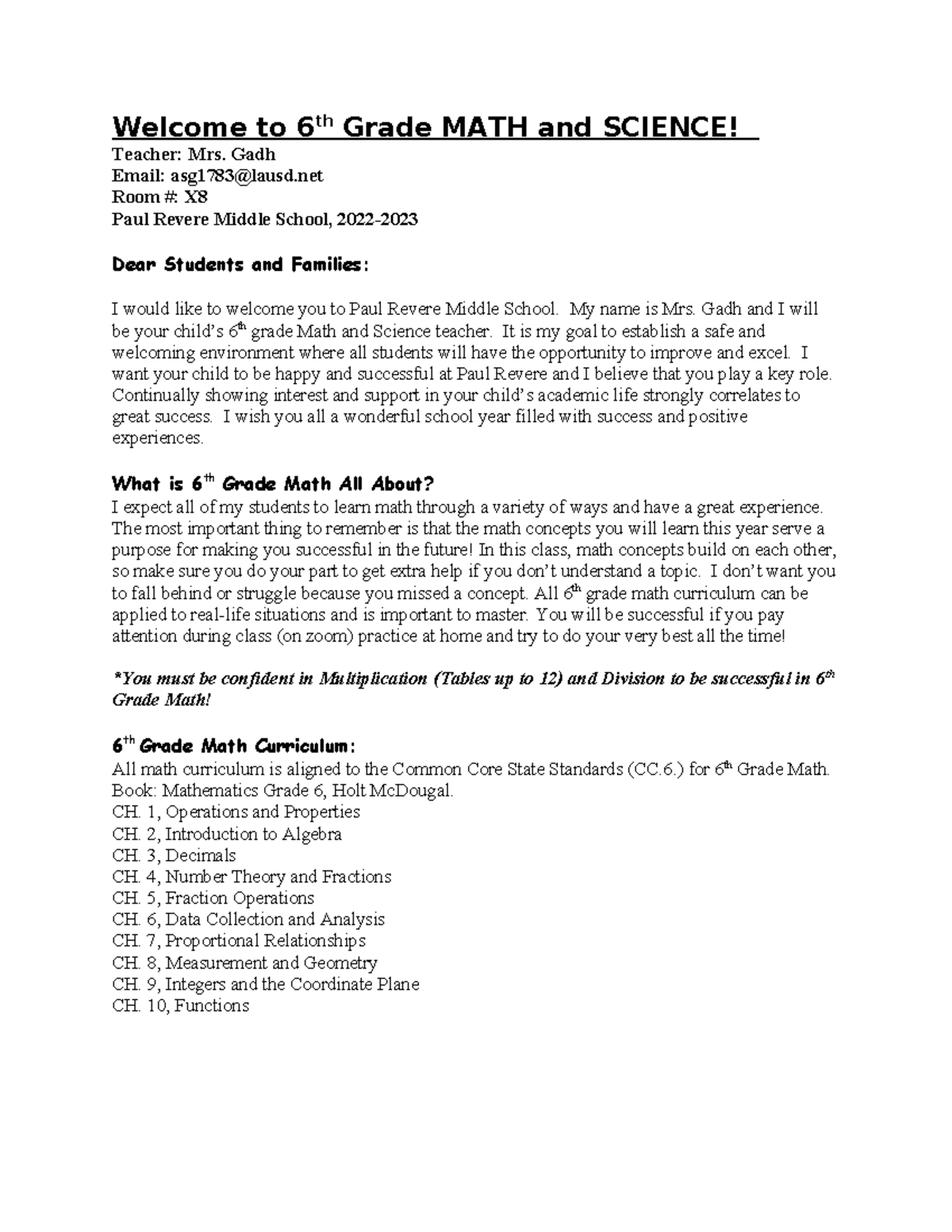 6th grade math and science welcome letter from Mrs. Gadh - Studocu