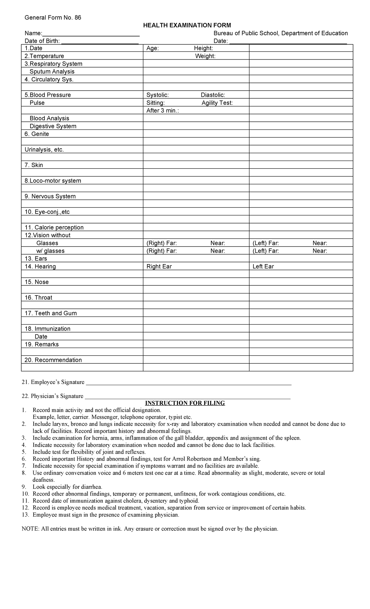 FORM-86 Health Examination Form - Bureau of Public School - Studocu