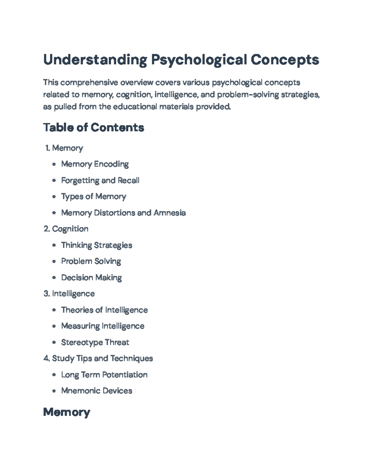 Psychological Concepts: Memory, Cognition, and Intelligence Overview ...