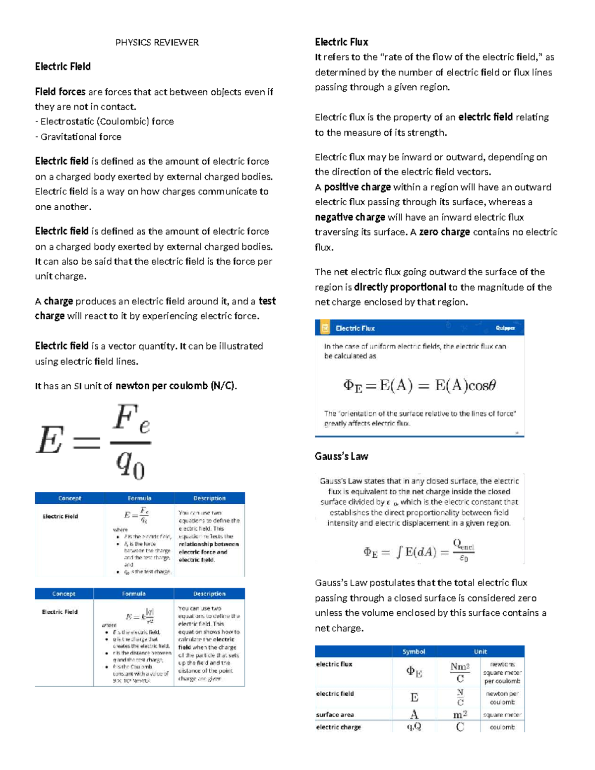 PHYSICS 101: Electric Field and Flux Concepts Review - Studocu